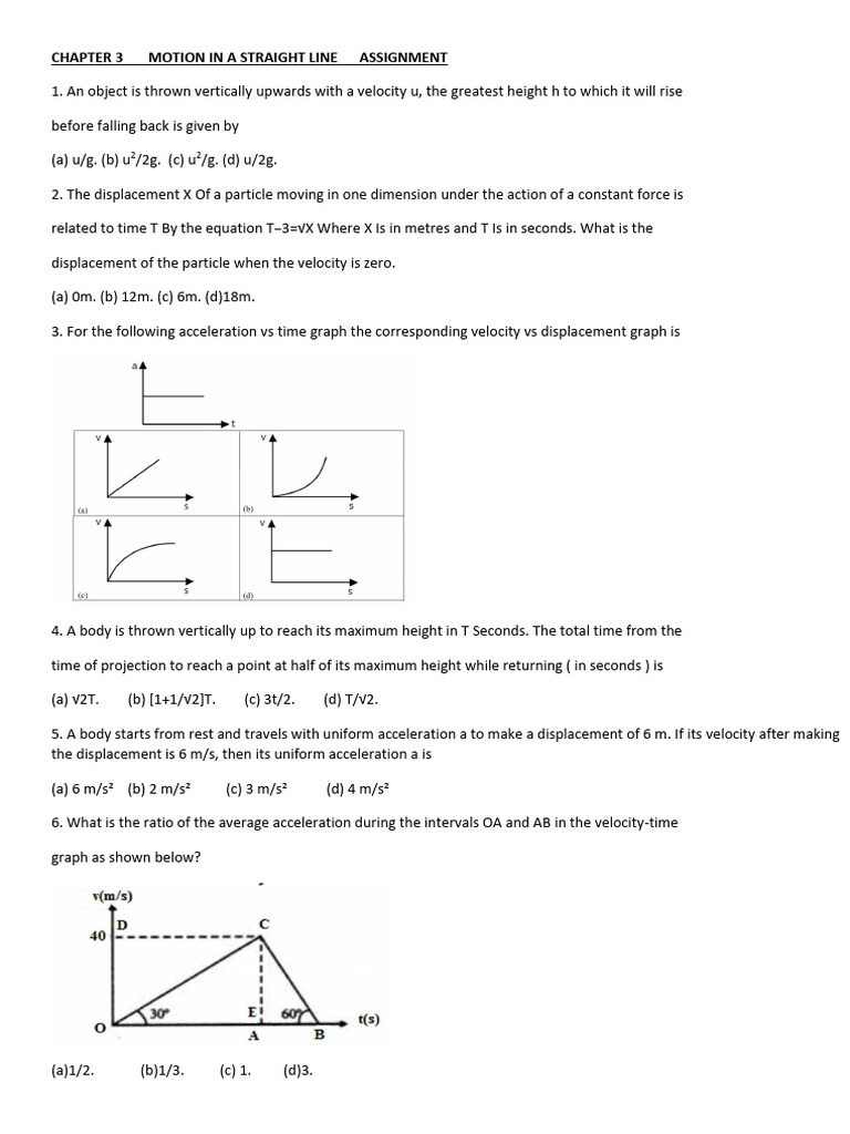 Chapter 3 Motion in A Straight Line Assignment | PDF | Acceleration | Velocity