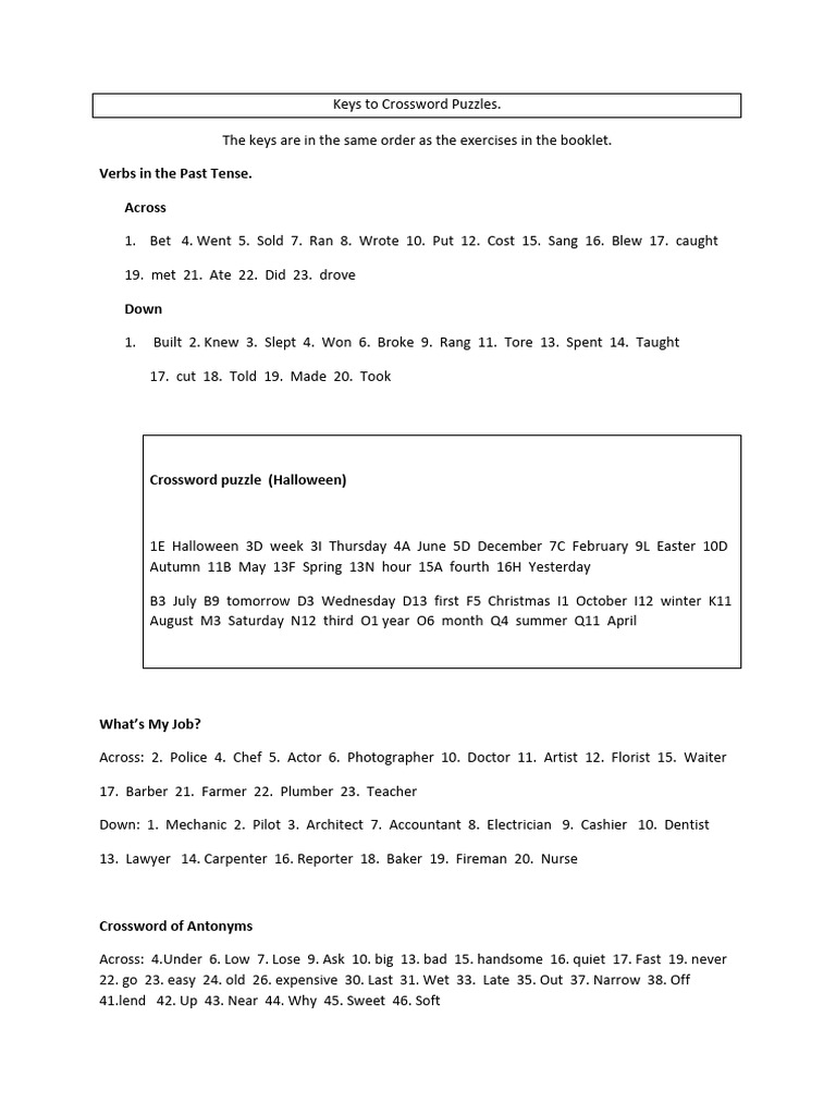 Crossword Puzzle Answers and Keys | PDF