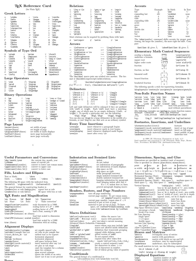 Tex Refcard Letter | PDF | Matrix (Mathematics) | Text