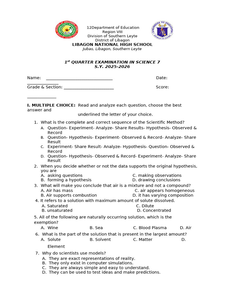 1st Quarter Exam G7 | PDF | Mixture | Gases