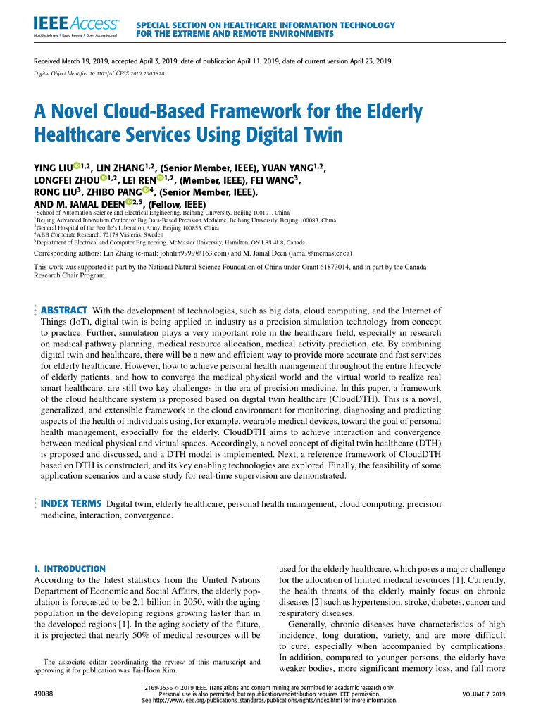 A Novel Cloud-Based Framework For The Elderly Healthcare Services Using Digital Twin | PDF ...