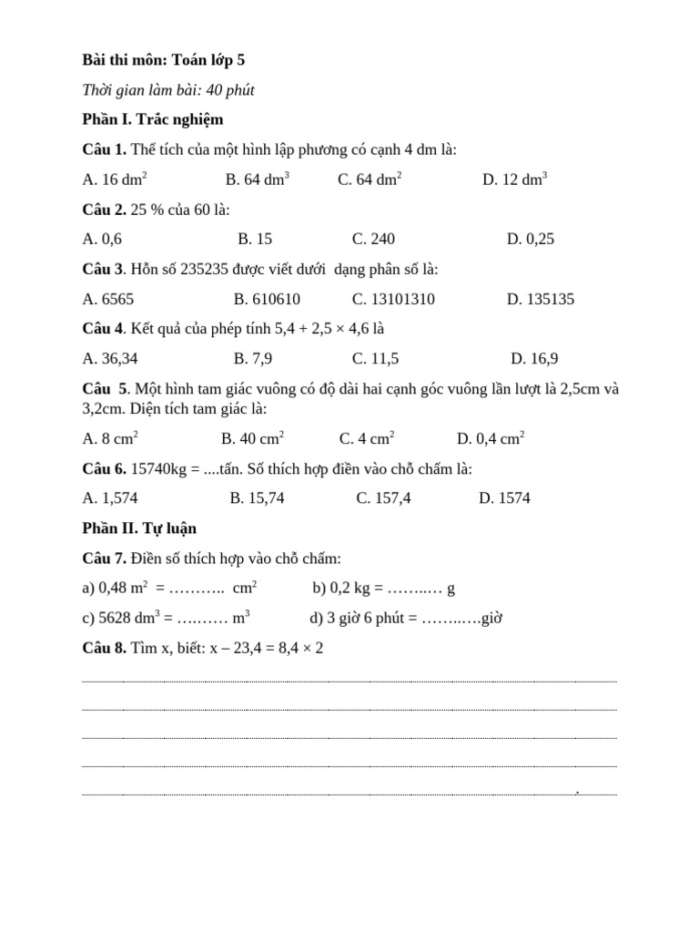 De Thi Toan Lop 5 | PDF