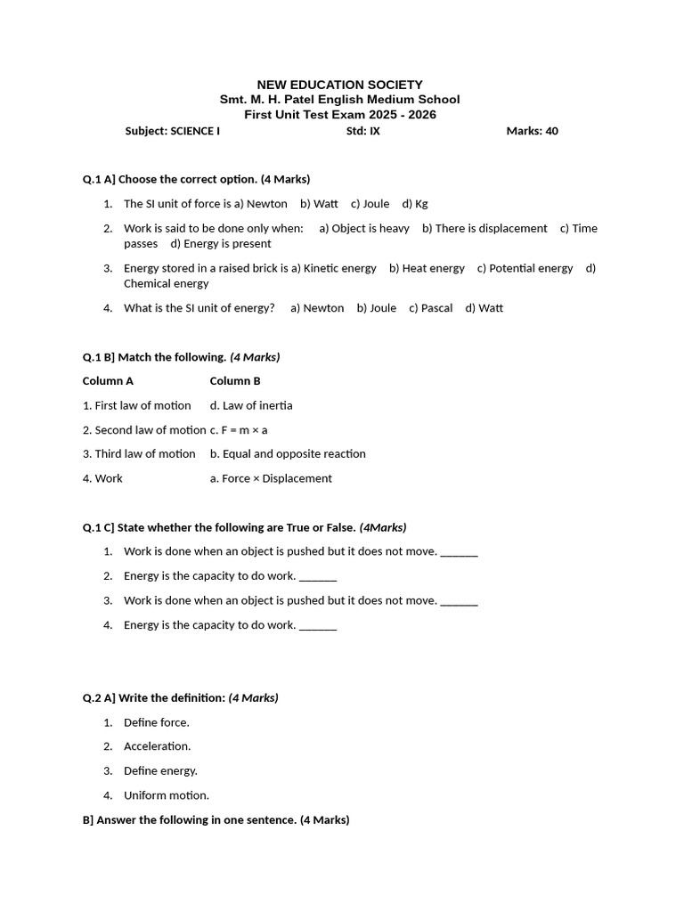 Science 1 Paper STD 9th 40 Marks | PDF