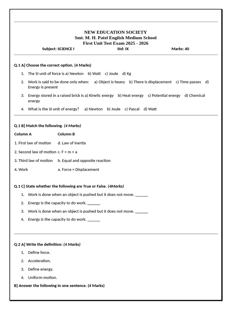 Science Unit Test for Std IX 2025-26 | PDF | Force | Newton's Laws Of ...