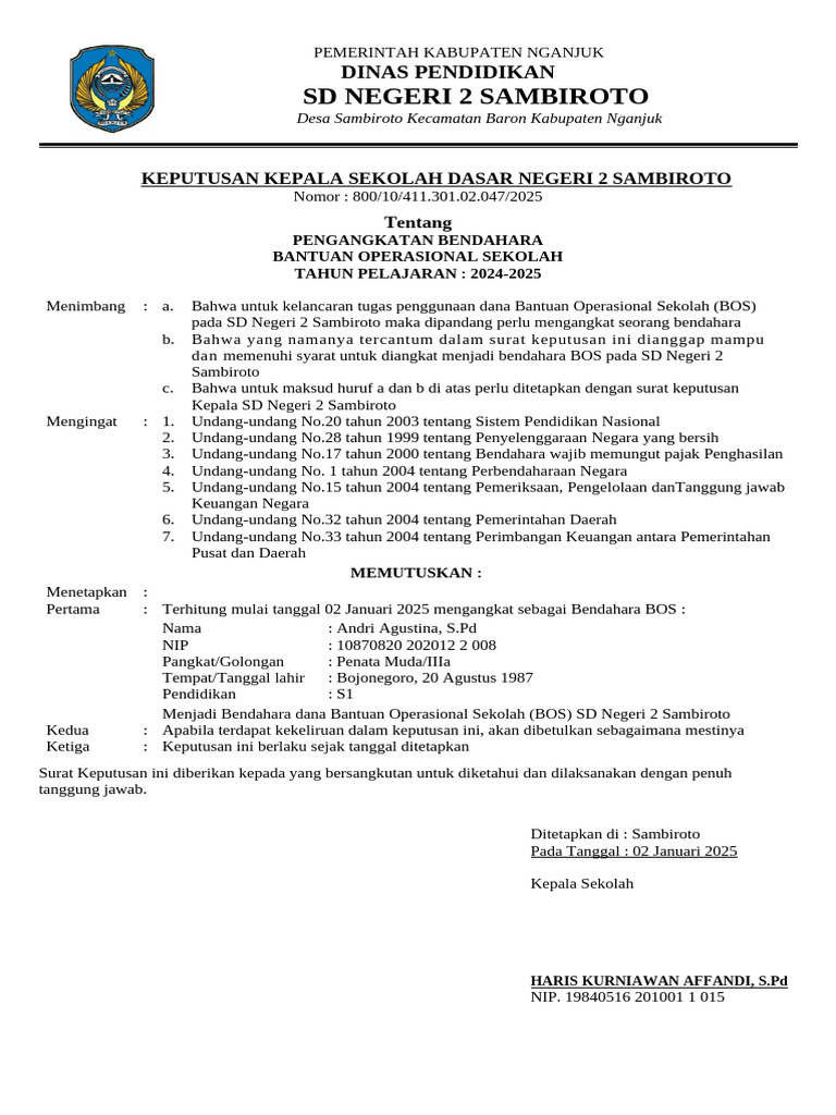 Contoh SK Bendahara Sekolah | PDF
