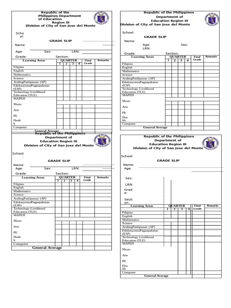 Revised Grade Slip Format | PDF | Republicanism | Philippines
