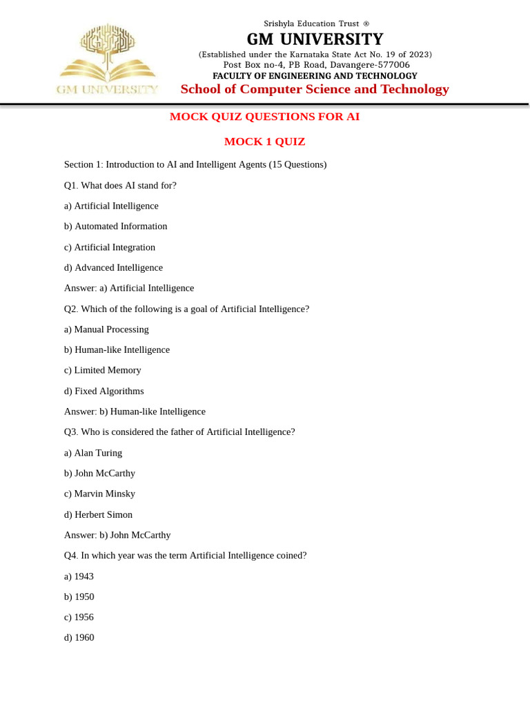 AI Mock Quiz Questions for Students | PDF | Algorithms And Data ...