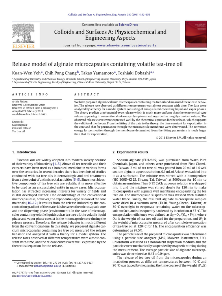Release Model of Alginate Microcapsules Containing Volatile Tea Tree ...