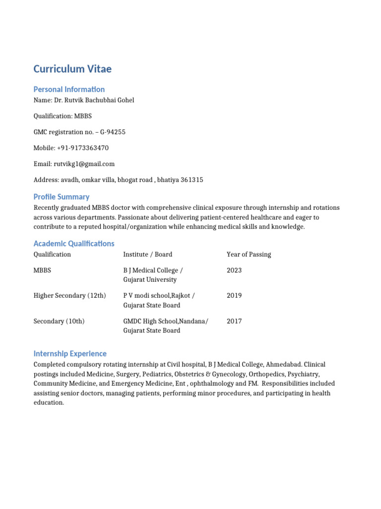 Dr. Rutvik Gohel: MBBS CV & Skills | PDF