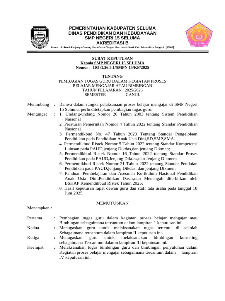 SK Pembagian Tugas 15 GURU GANJIL 20252026 | PDF