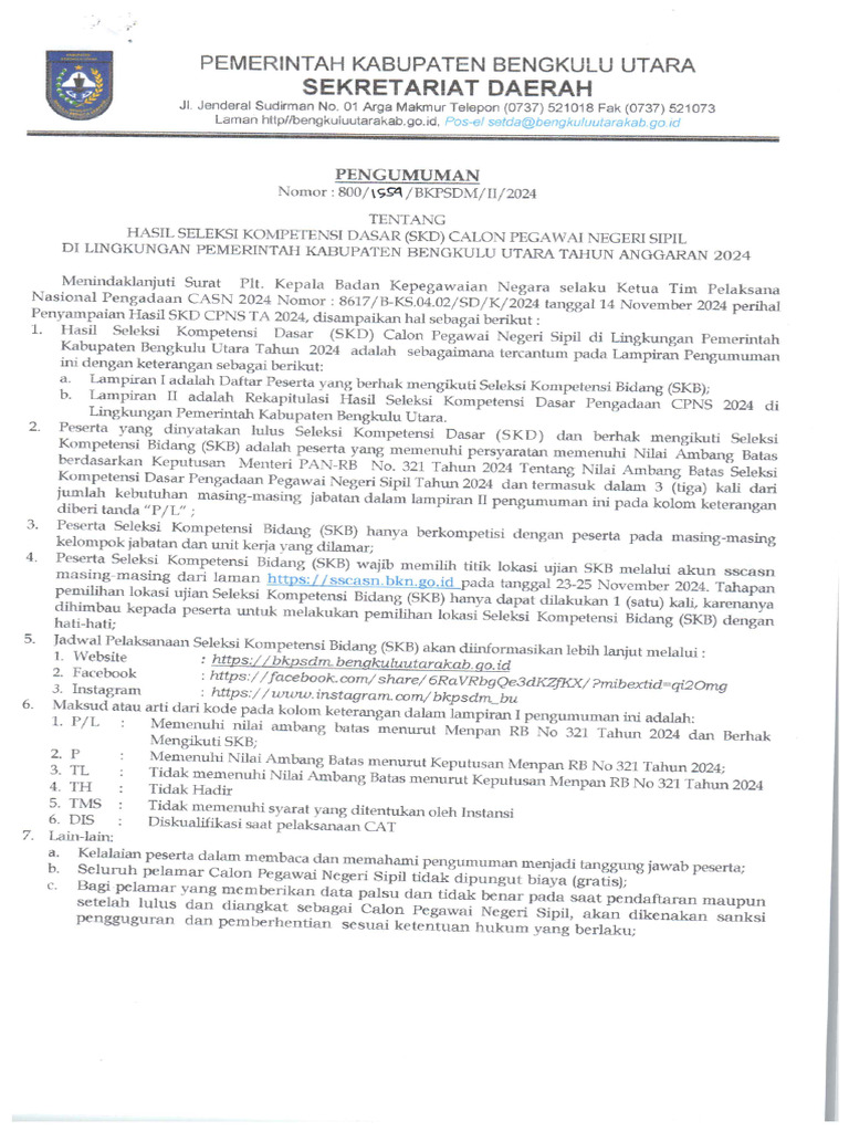 Pengumuman Hasil Seleksi Kompetensi Dasar (SKD) Calon Pegawai Negeri ...