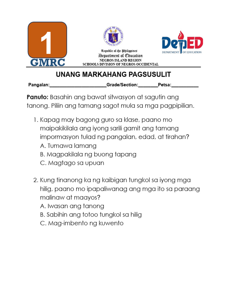 1st Quarter Exam - Grade 1 - GMRC | PDF