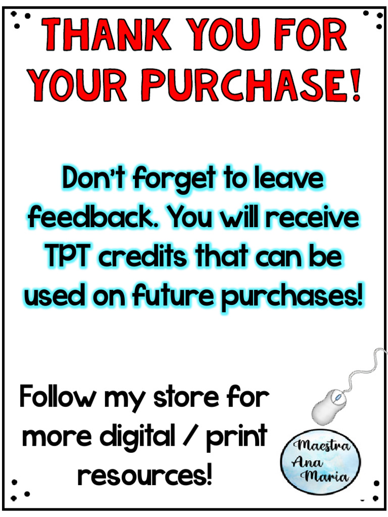 Don't Forget To Leave Feedback. You Will Receive TPT Credits That Can ...