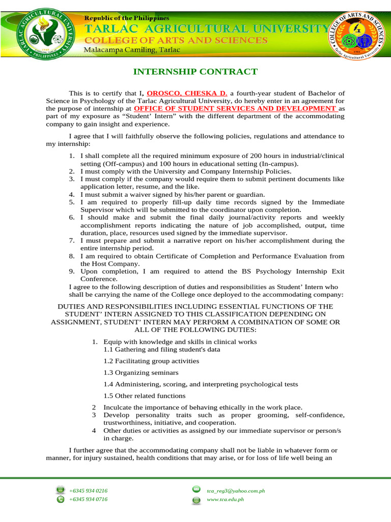 Internship Agreement for Psychology Student | PDF
