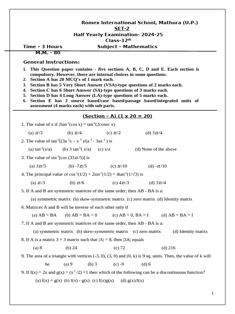 Class12 Set-2, Maths Half Yearly Exam Paper | PDF | Matrix (Mathematics ...