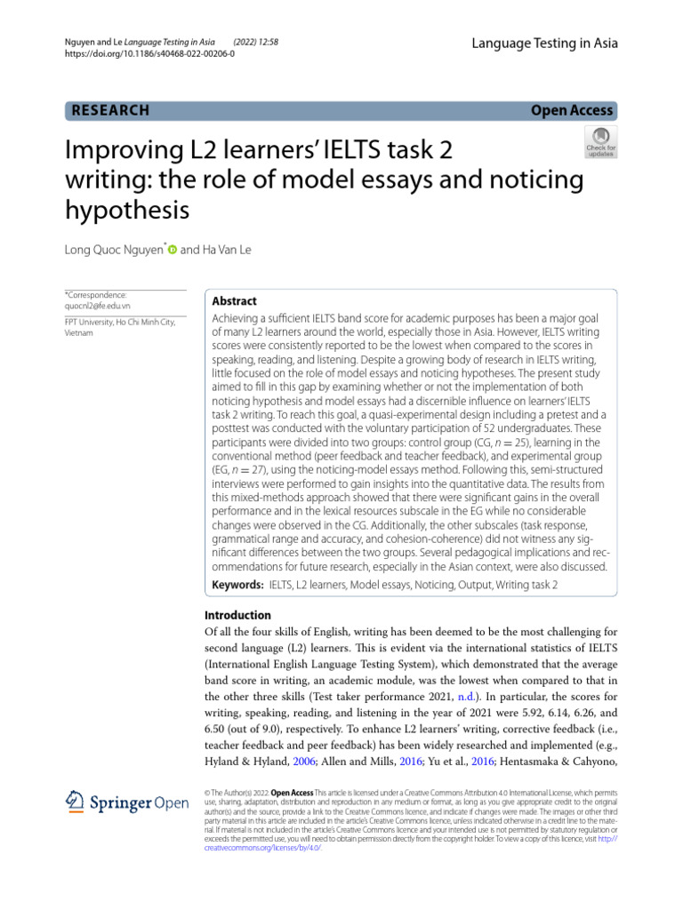 Improving L2 Learners' IELTS Task 2 Writing The Role of Model Essays ...