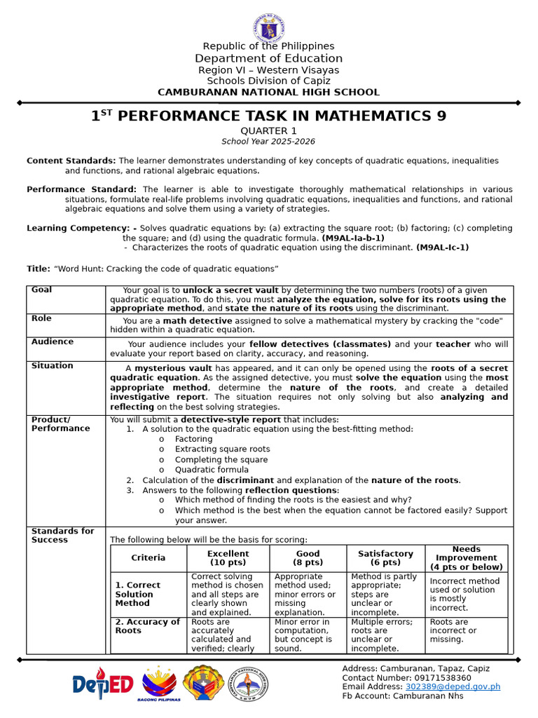 1st Quarter - Mathematics 9 - PERFORMANCE 1 | PDF | Quadratic Equation ...