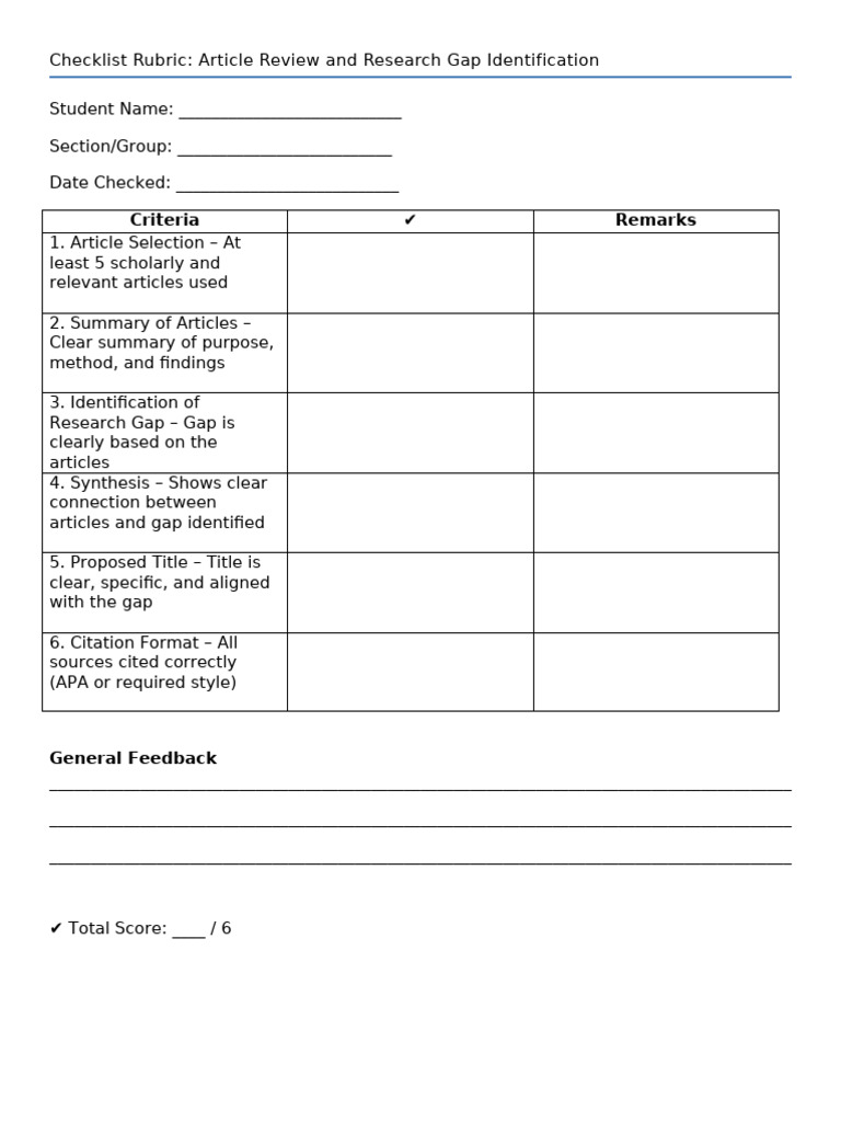 Article Review Checklist and Research Gaps | PDF