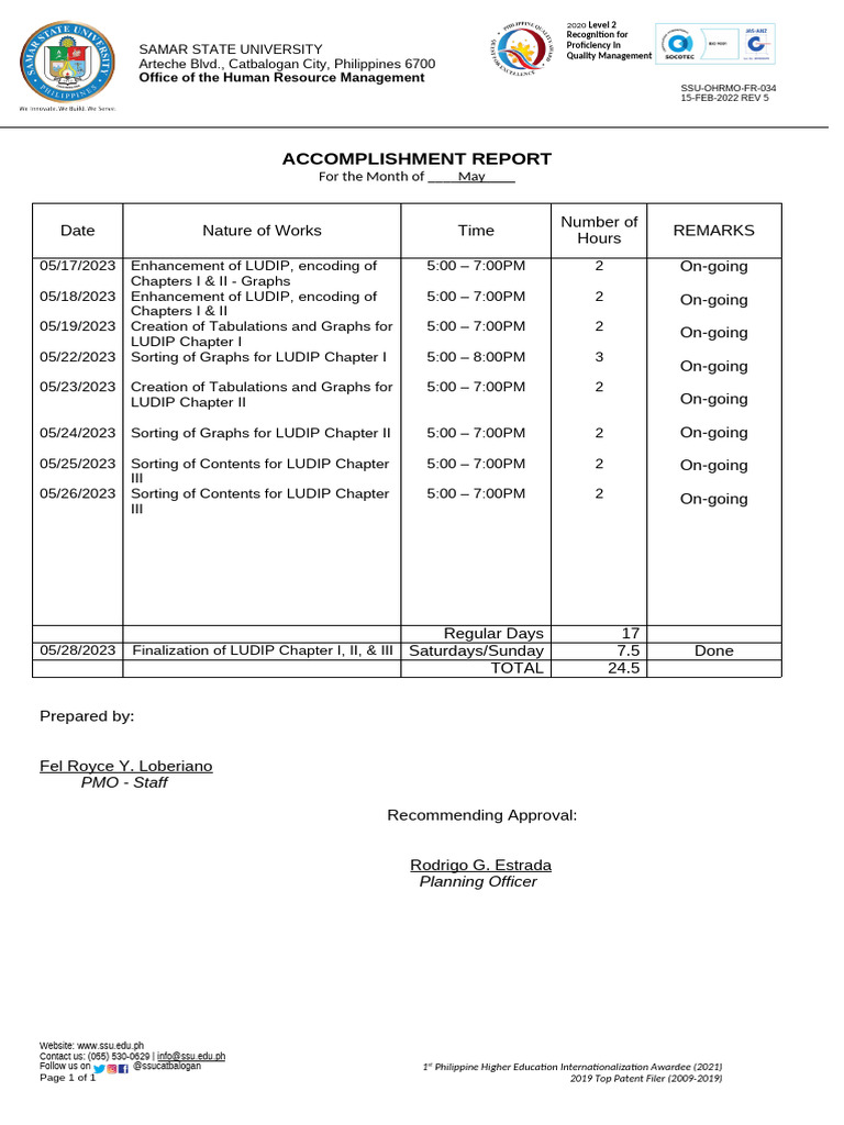 034-Accomplishment Report (Overtime Services) | PDF