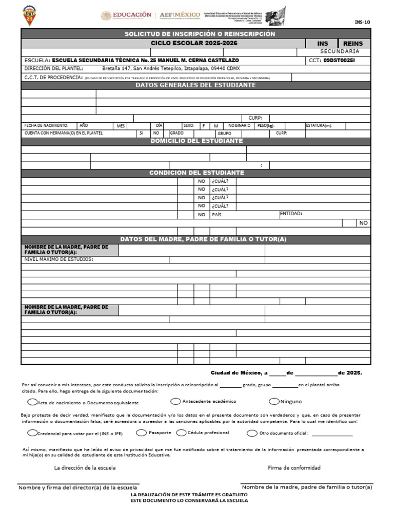 Formato Ins-10 - 2025 - 2026 | PDF | Ciudad de México