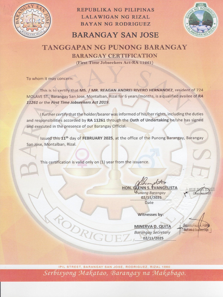 Andrei Barangay Certification | PDF