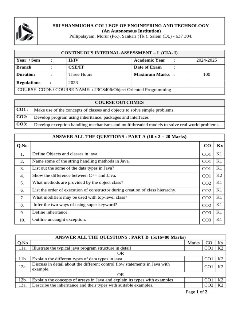 Set2 QP | PDF | Class (Computer Programming) | Inheritance (Object Oriented Programming)