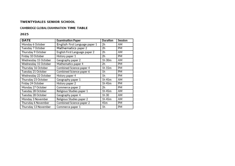 Cambridge Exam Timetable | PDF