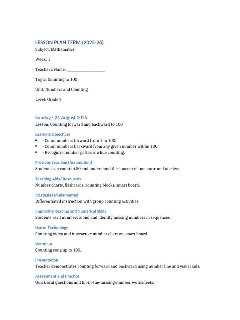 Grade 2 Math Lesson Plan: Counting 100 | PDF | Learning | Lesson Plan
