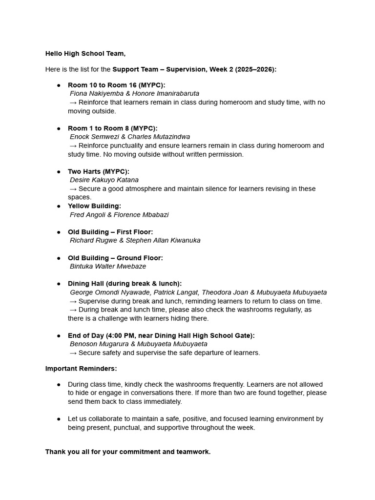 Week 2 Supervision Plan for Support Team | PDF