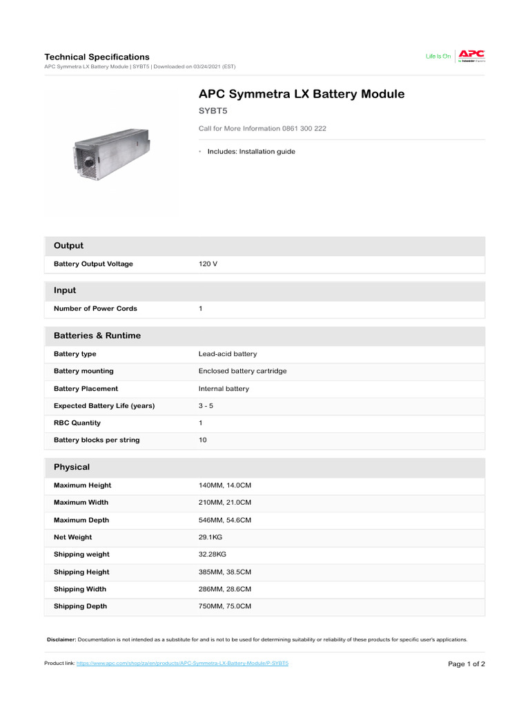 APC Symmetra LX Battery Module Specs | PDF | Electronics | Electricity