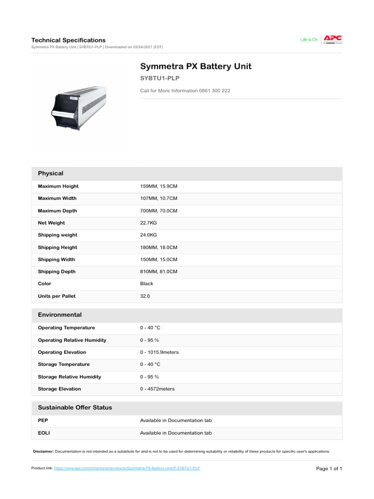 SYBTU1-PLP Symmetra PX Battery Unit | PDF
