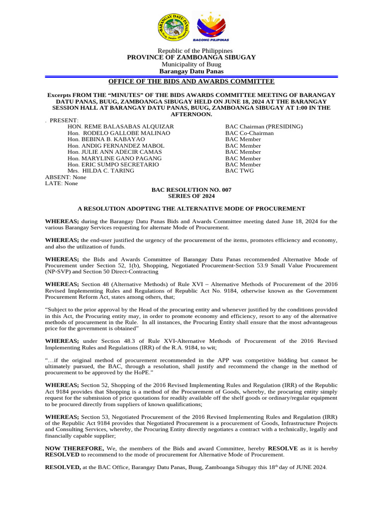BAC Resolution for Alternative Procurement | PDF | Procurement
