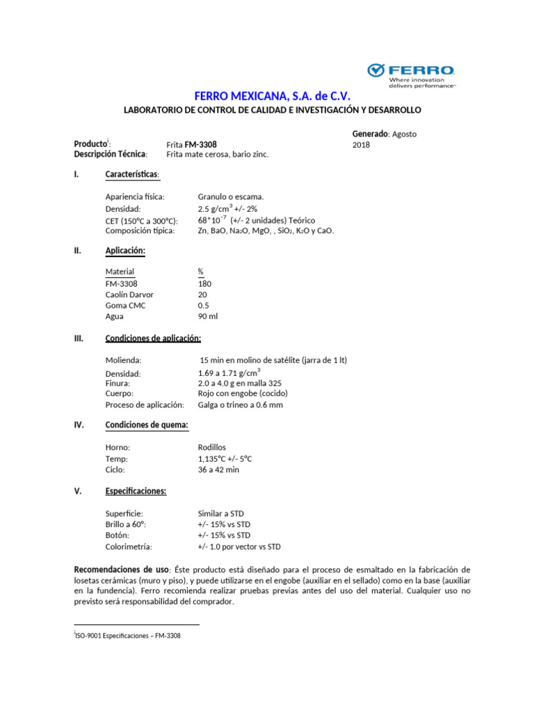 Frita FM-3308: Especificaciones y Aplicaciones | PDF