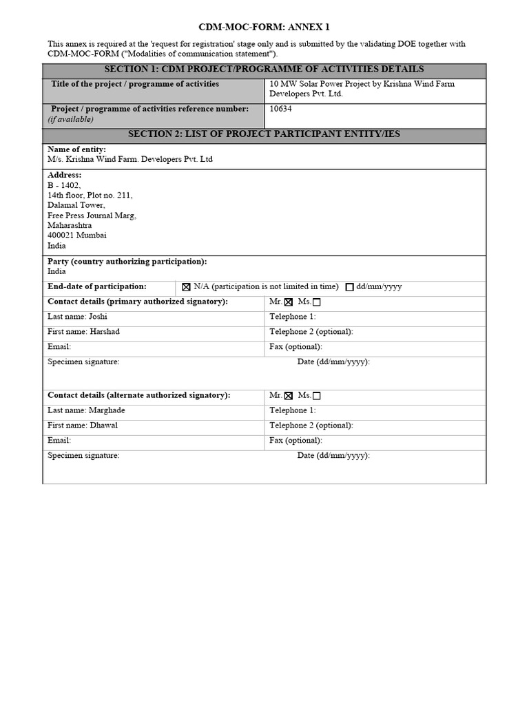 Pa10634 Cdm-moc-Form Annex 1 Form | PDF