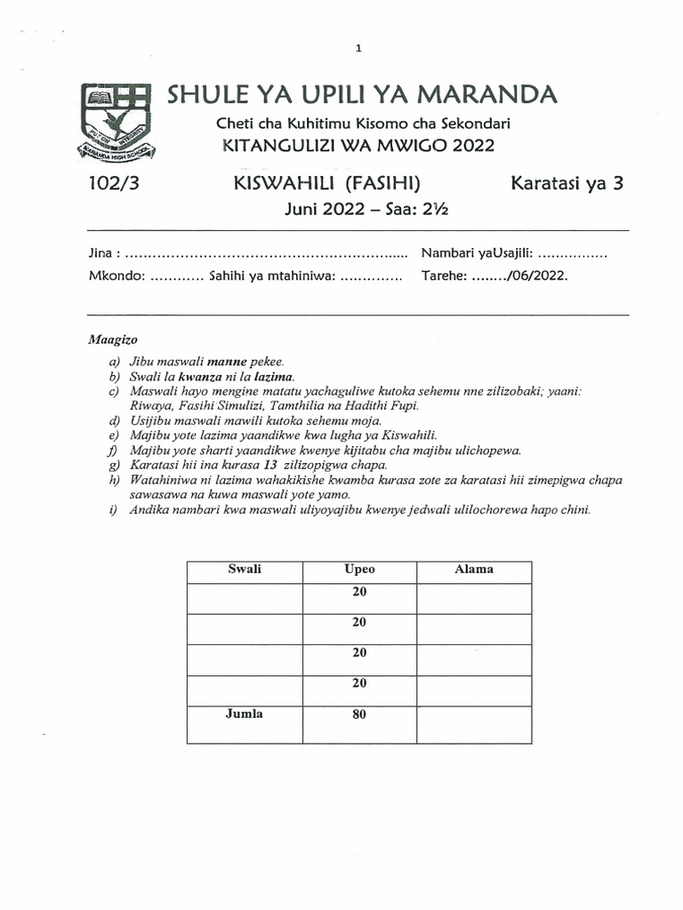 Kiswahili Paper 3 Maranda Form 4 End Term 1 | PDF