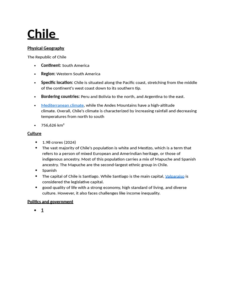 Chile: Geography, Culture, and Climate | PDF