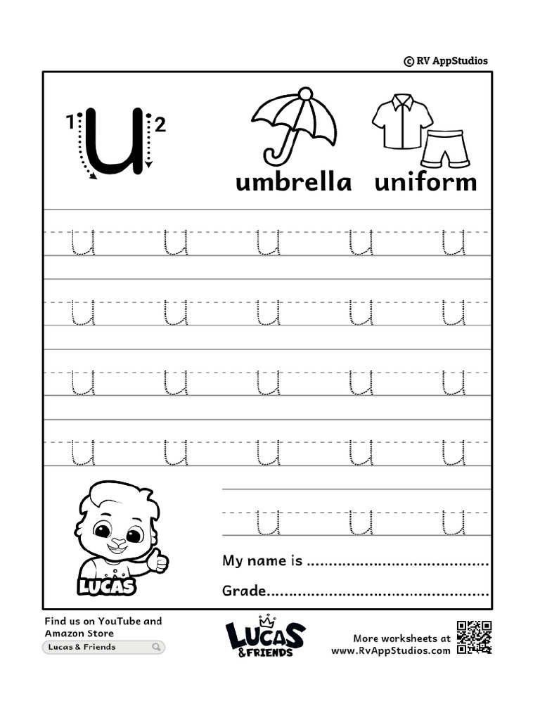 315 Free Printable Worksheets For Kids Small Letter U Trace BW | PDF