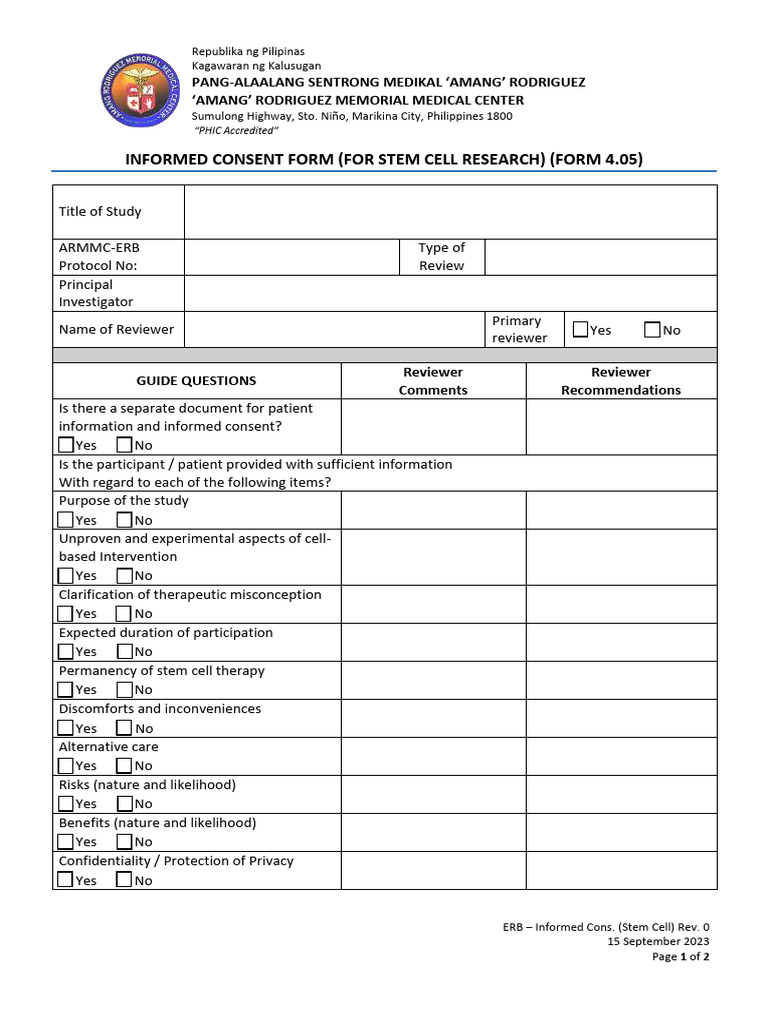 Form 4.05 Informed Consent Form For Stem Cell Research | PDF | Informed ...