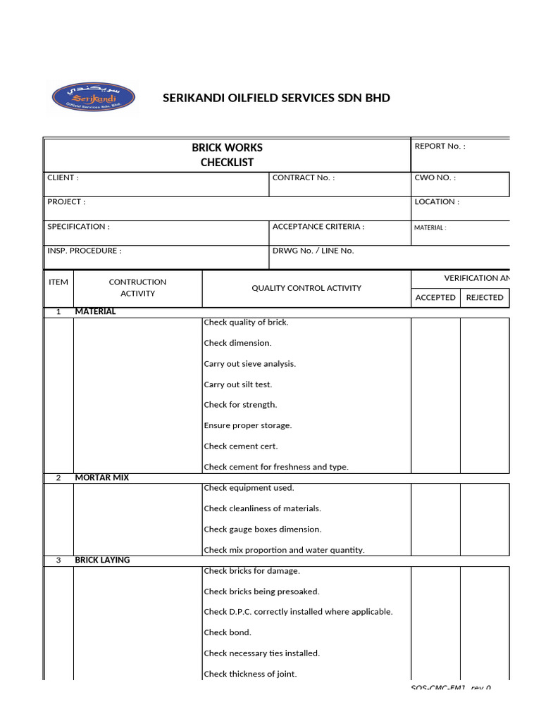 Brick Works Quality Control Checklist | PDF | Brick | Building Engineering
