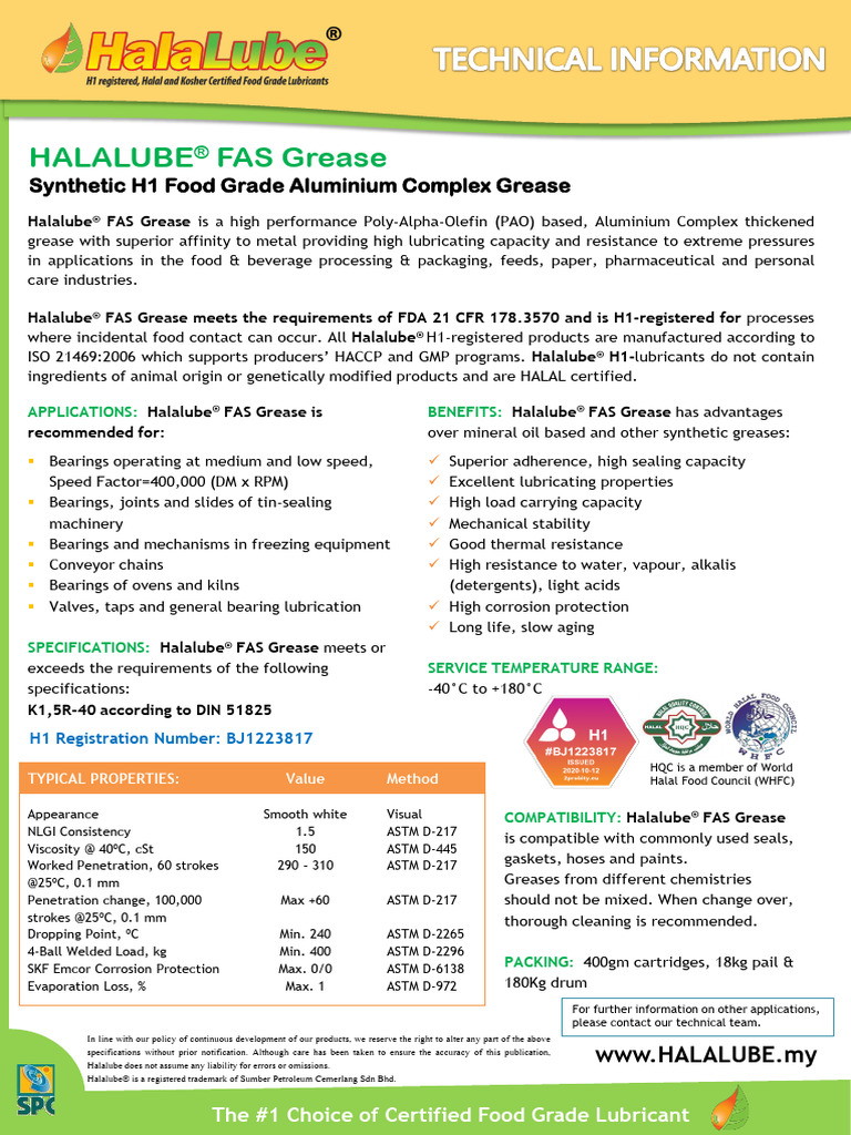 Halalube FAS Grease: H1 Food Grade Lubricant | PDF | Bearing ...
