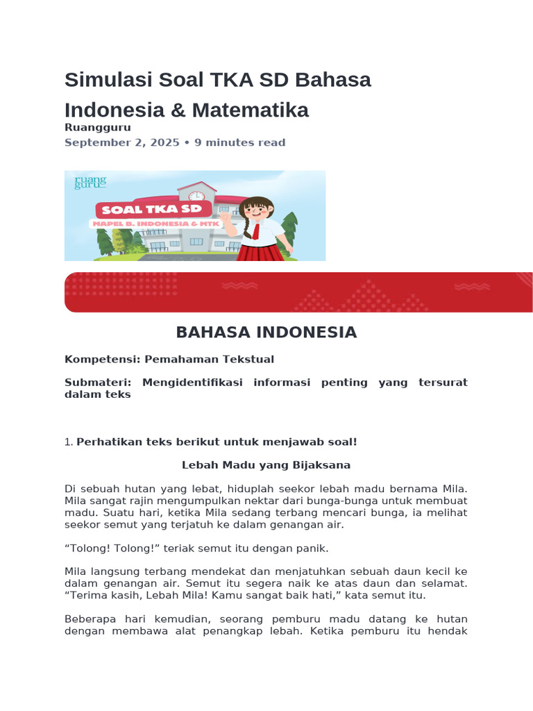Simulasi Soal TKA SD Bahasa Indonesia | PDF
