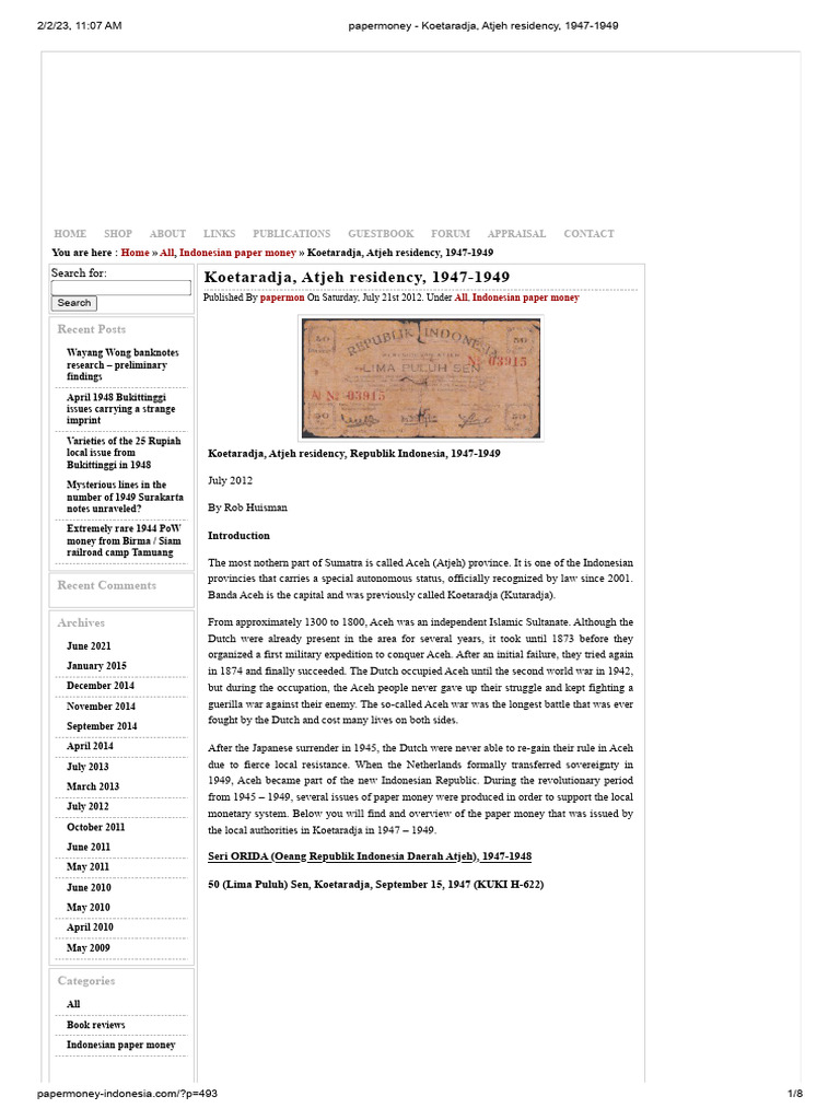 Koetaradja, Atjeh Residency, 1947-1949 | PDF | Indonesia | Currency