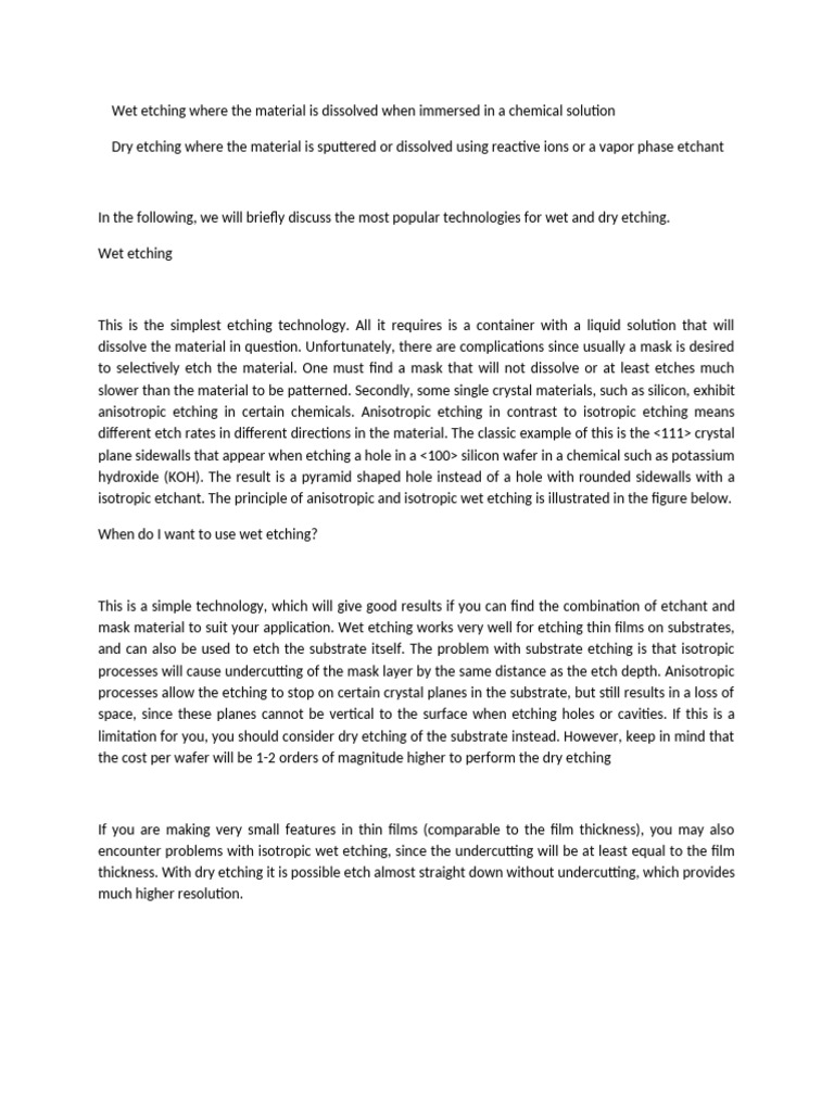 Wet Etching Where The Material Is Dissolved When Immersed in A Chemical Solution | PDF ...