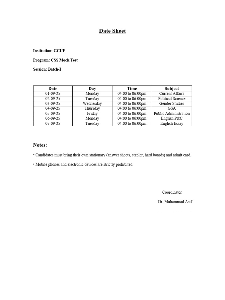 Date Sheet Batch-1 | PDF