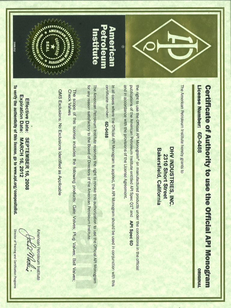 DHV API 6D Cert | PDF