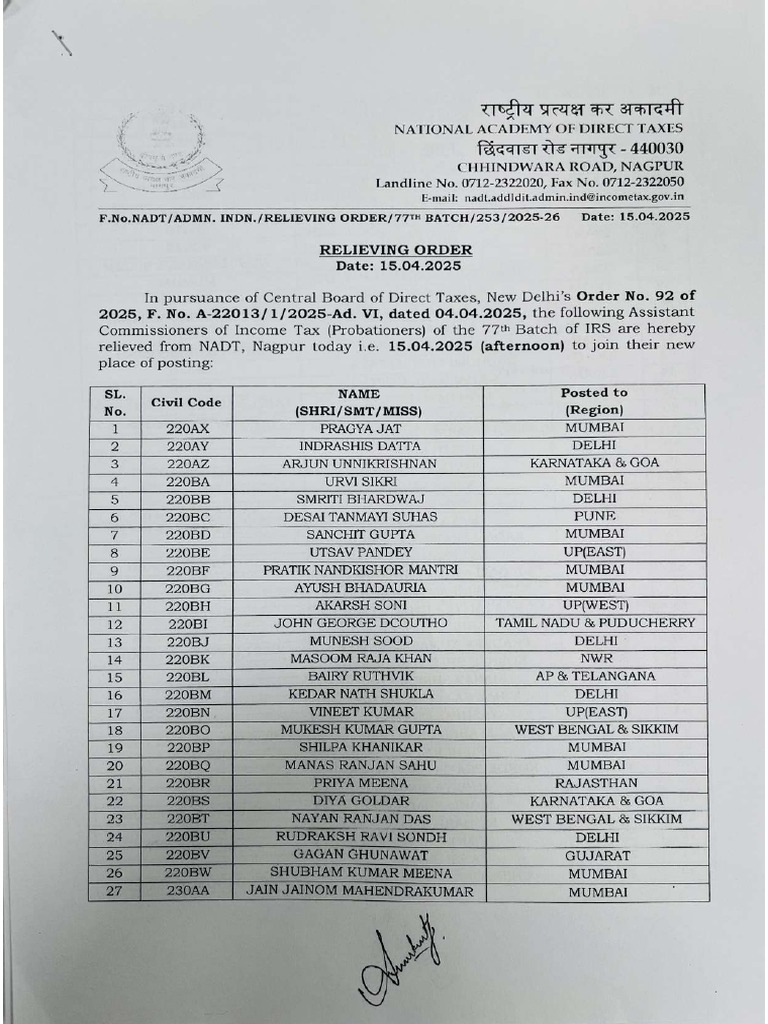 Relieving Order NADT | PDF
