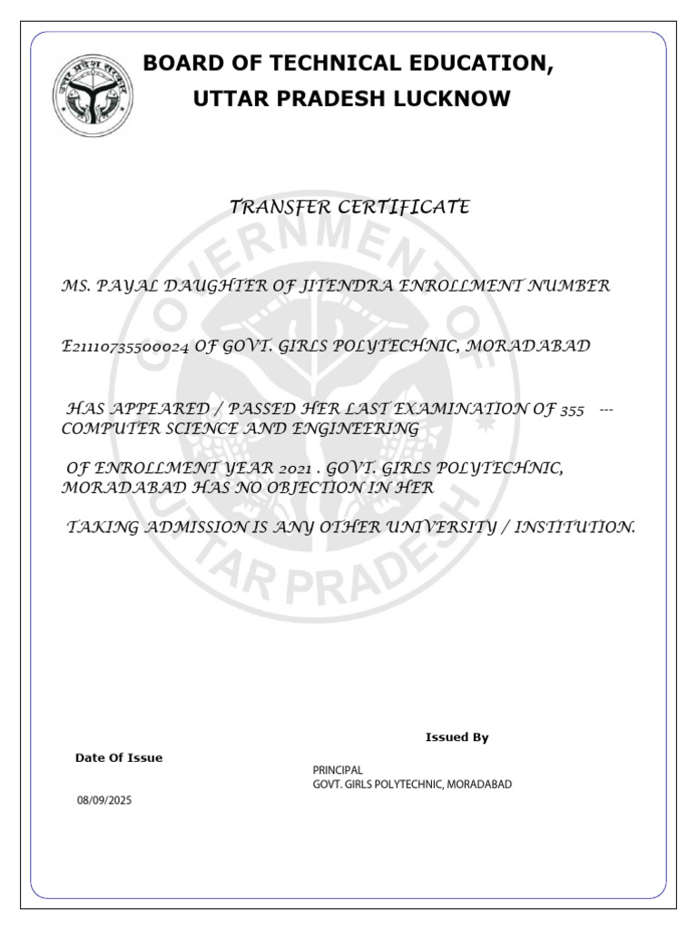 Board of Technical Education, Uttar Pradesh Lucknow: Transfer ...