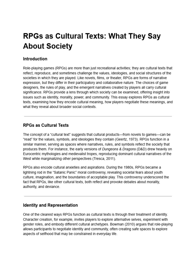 RPGs As Cultural Texts - What They Say About Society | PDF | Role ...
