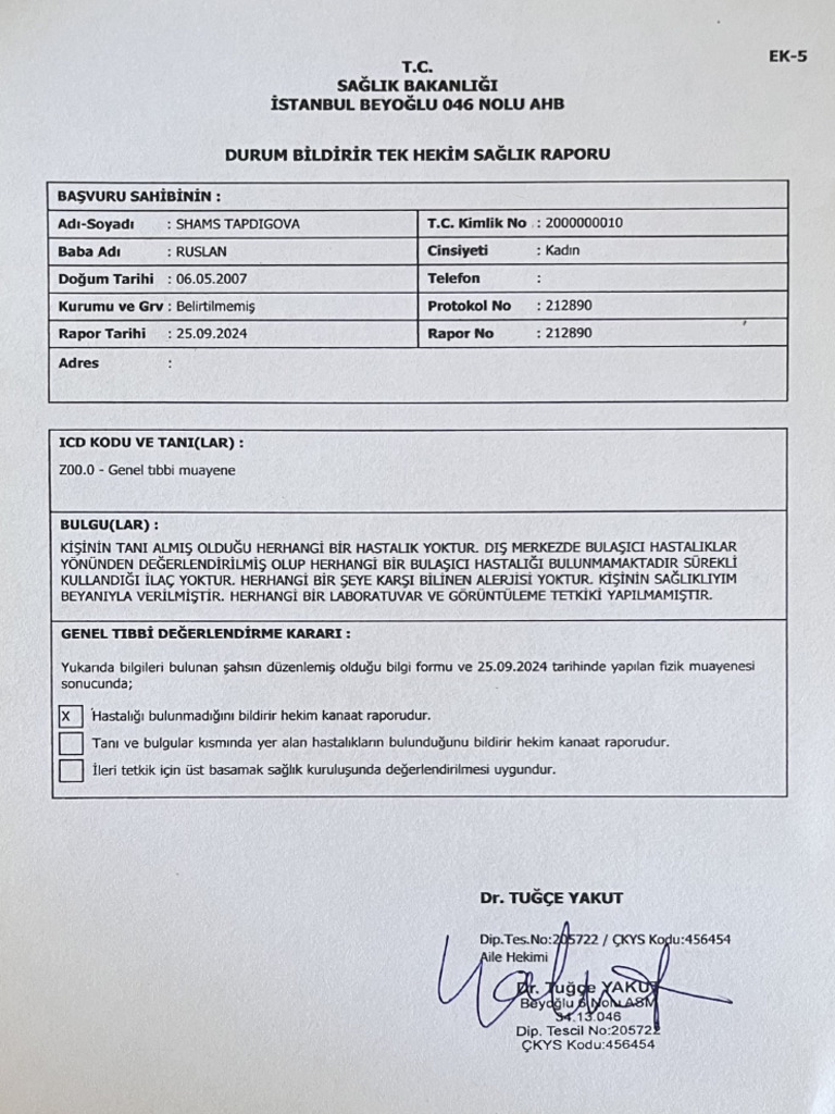 Sağlık Raporu Örnek | PDF