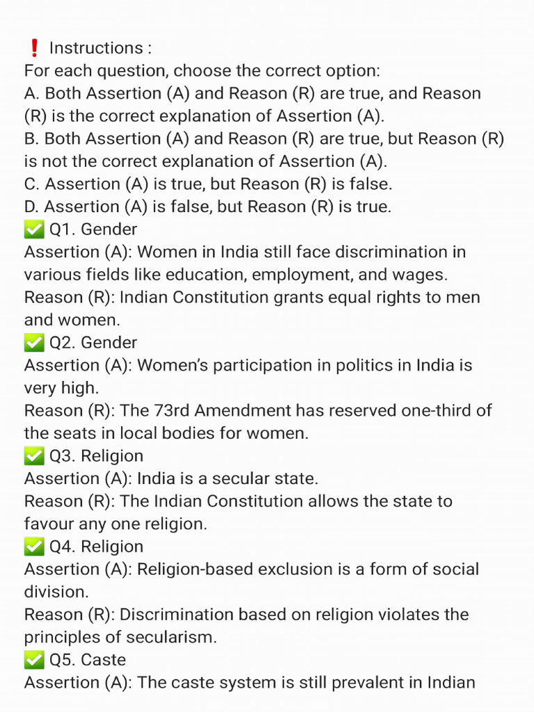 Assertion and Reason Questions - 250903 - 150444 | PDF